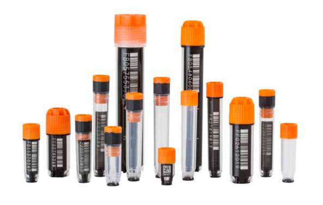 Azenta 0.48ml Tri-coded Tube, 96-format, Internal Thread, 2D Code on base, 1D Linear Barcode and ...